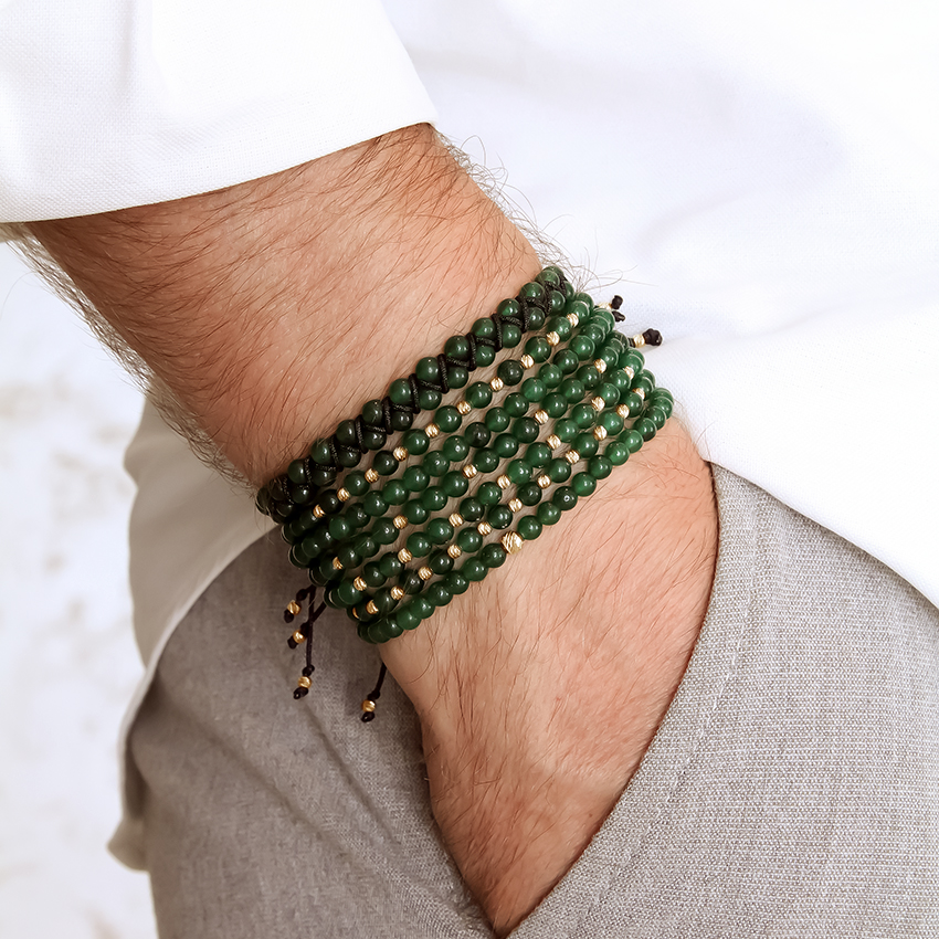 Set 2 Bratari cu bile de Aur 14k, cristale semipretioase Jad verde ...